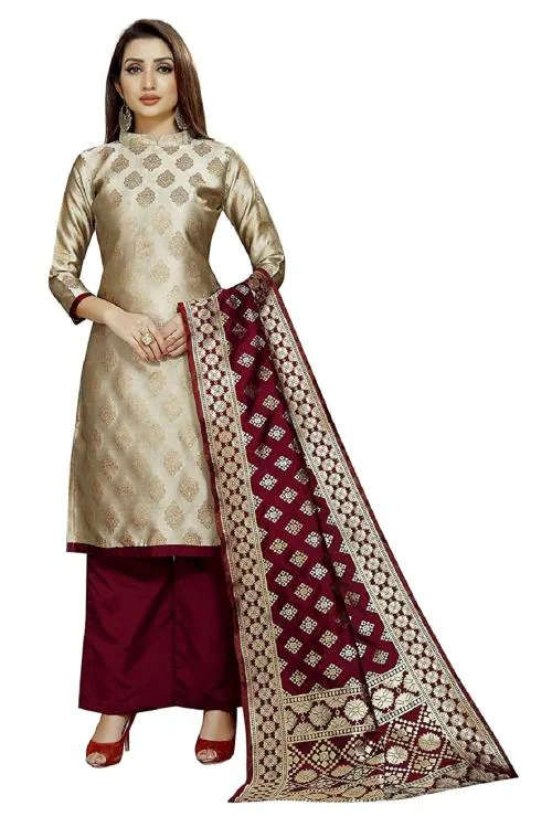 Buy Women's Jacquard Woven Banarasi Silk Blend Salwar Suit Dress ...
