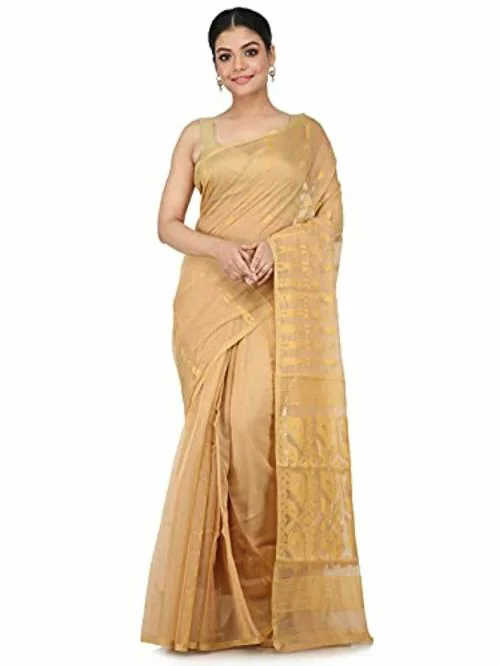 Buy PinkLoom Women Beige Handloom Pure Cotton Jamdani Saree Without Blouse Piece Online at Best ...