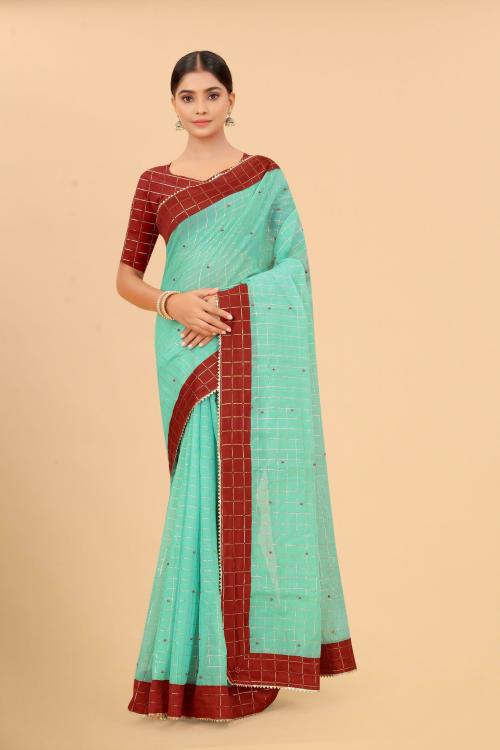 Buy Febo Fashion Women Navy Checkered Cotton Blend Single Saree Online ...