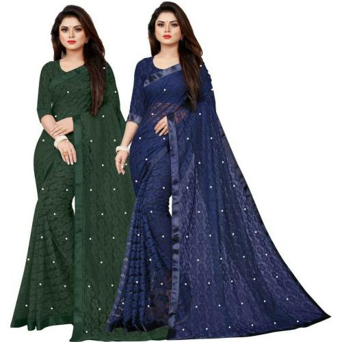 Buy VANRAJ CREATION Women Dark Blue and Green Self Design Net Saree ...