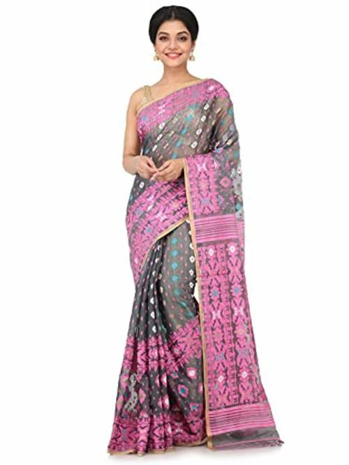 Buy PinkLoom Women Pink and Grey Handloom Pure Cotton Jamdani Saree Without Blouse Piece Online ...