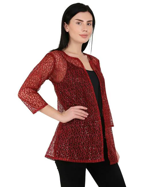 Buy UNFAKENOW Women Maroon Embroidered Net Shrug (XXL) Online at Best ...