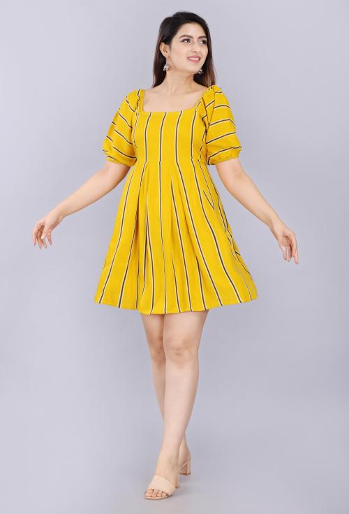 Buy Manojava Women Yellow Striped Viscose Rayon Bodycon Dress (L ...