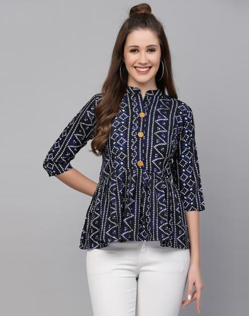 Buy Selvia Crepe Blue Printed Top | tops for women | tops | women tops ...
