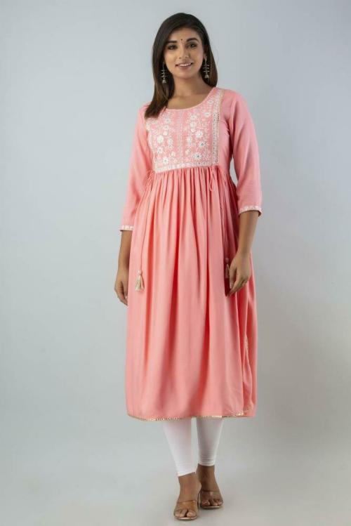 Buy Neelmani Women Peach Embroidered Viscose Rayon Flared Kurta -S Online at Best Prices in ...
