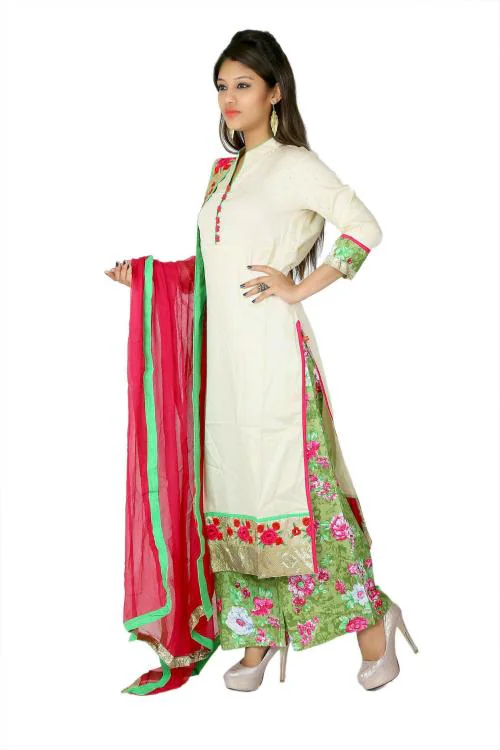 Buy Span Women Beige Self Design Silk, Cotton, Nazlin Kurta, Salwar And ...