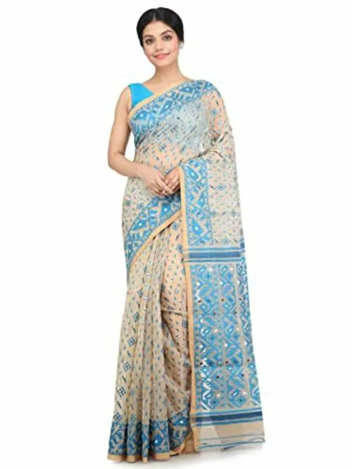 Buy PinkLoom Women Beige Woven Pure Cotton Jamdani Saree without Blouse Piece Online at Best ...