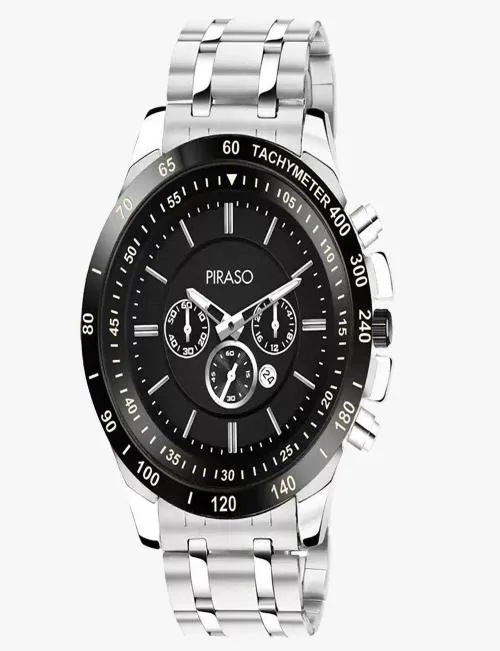 Buy PIRASO STAINLESS STEEL Analog Black Dial Silver Strap Watch for Men ...