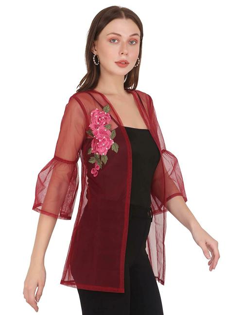 Buy UNFAKENOW Women Maroon Embroidered Net Shrug (XXXL) Online at Best ...