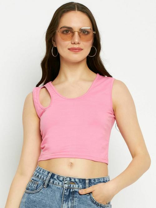 Buy Brinns Pink Round Neck Cut Out Fitted Crop Top Online at Best ...