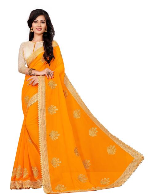 Buy N V Patel Women Mustard Embroidered Georgette Bollywood Saree ...
