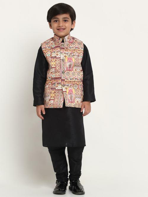 Buy Benstoke Boys Black & Pink Abstract Silk Blend Kurta Pyjama Set ...