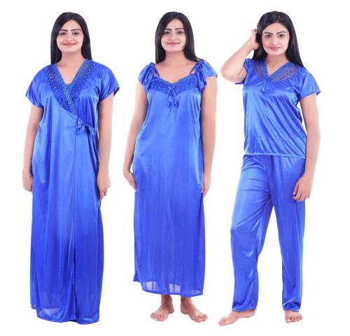 Buy FLANKER Women's Satin Solid Nightwear Fancy Night Dress ( Set of 4 ...