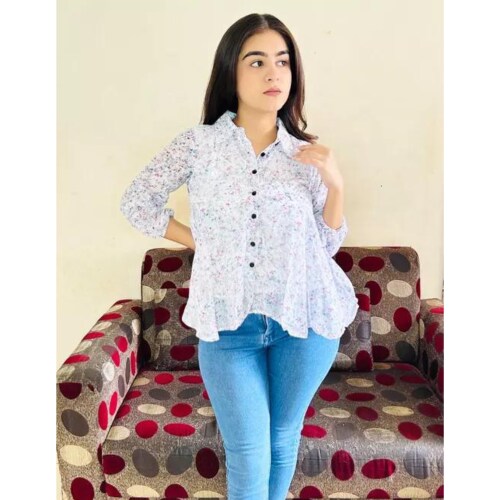 Buy gulguli Georgette Printed 3/4 Sleeves Collared Neck Button Closure Shirt for Women Online at ...