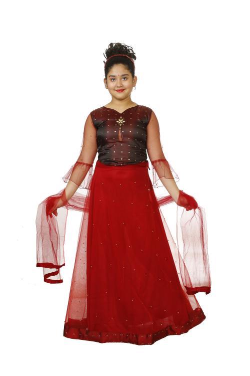 Buy YAYAVAR Girls Ethnic Wear Embellished Lehenga, Choli and Dupatta Set (Dark Red) Online at ...