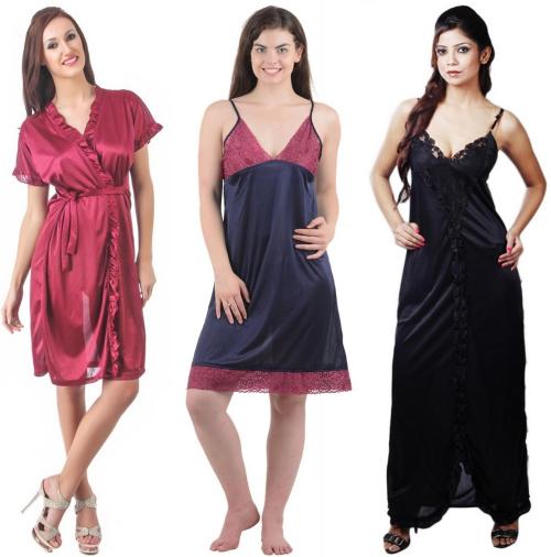 Buy PHALIN Women Multicolor Solid Satin Blend Pack Of 3 Babydoll (Free ...