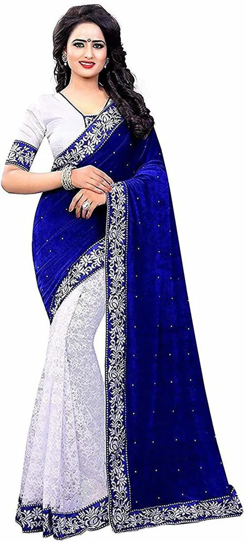 Buy N V Patel Women Blue Embroidered Velvet Pack of Bollywood Saree ...