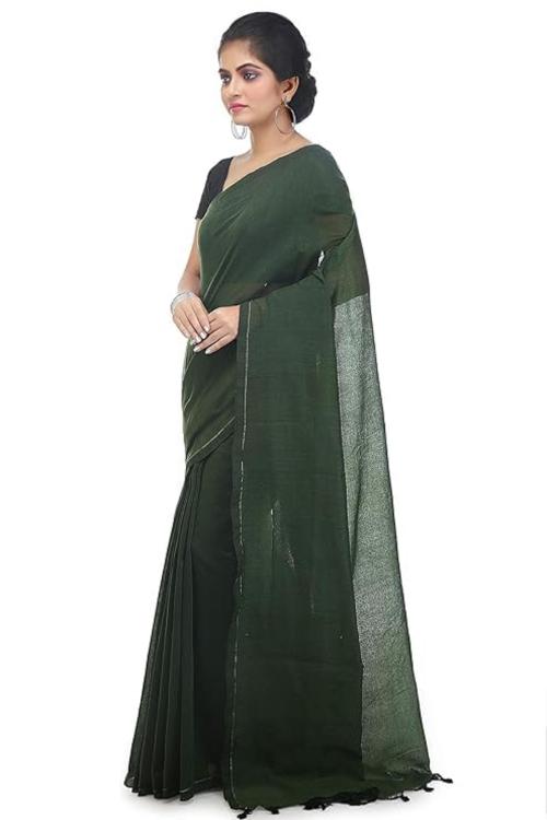 Buy Radnyi Handlooms Pure Cotton Plain Bengali Handloom Saree for Women (Dark Green) Online at ...
