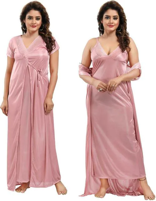 Buy Zionity Women Beige Lace Satin Nighty Online at Best Prices in ...