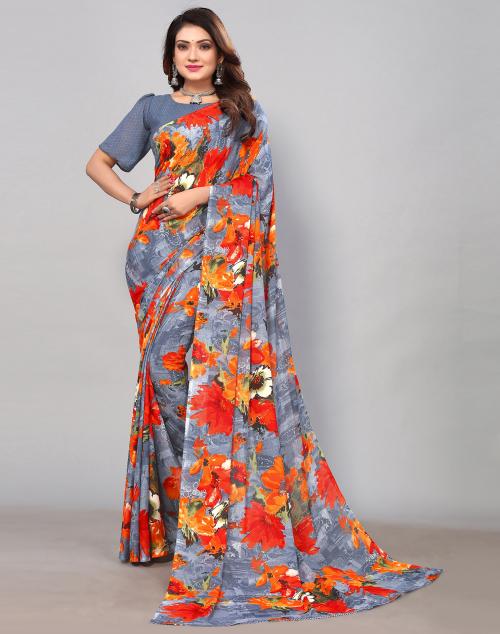 Buy Siril Georgette Grey Color Saree with Blouse piece | sarees for ...