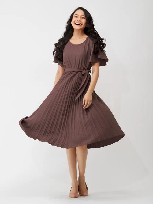 Buy AASK Polyester Coffee Brown Color Pleated & Solid Round Neck Dress ...