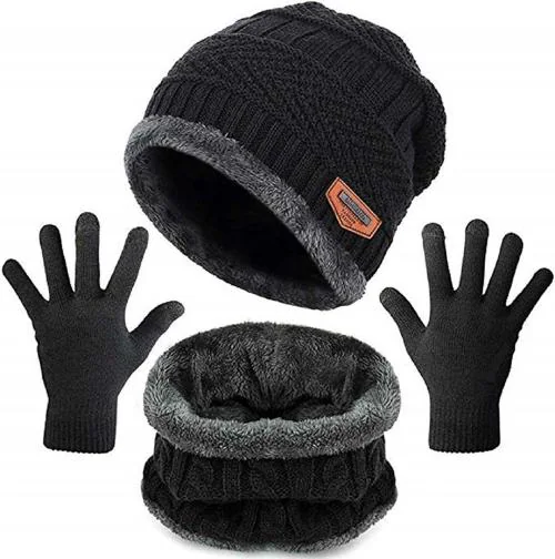 Buy Arsha Lifestyle Unisex Black Solid Acrylic Wool Beanie With Gloves And Muffler Set (M ...