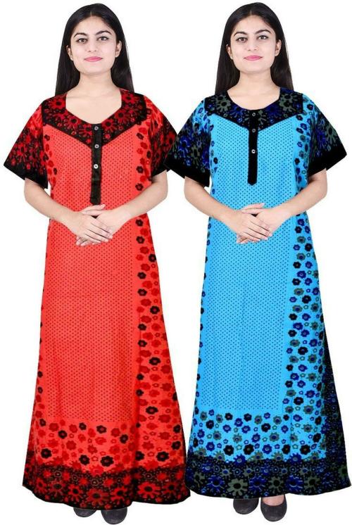 Buy Mudrika Women Red and Blue Printed Cotton Blend Pack of 2 Nighty ...