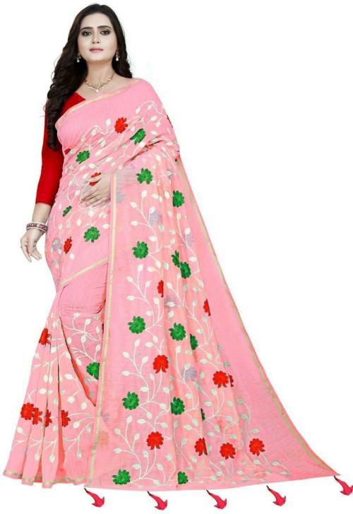 Buy SAREYA VEELA Maheshwari Women Pink Embroidered Cotton Silk Sarees ...