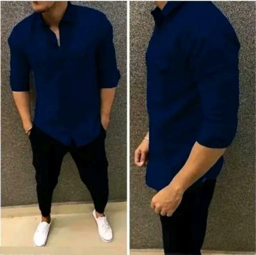 Buy NUMERO-CLOTHES FASHION Men Navy Blue Solid Cotton Blend Casual ...