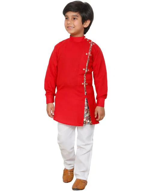 Buy Dkgf Fashion Boys Red Solid Cotton Blend Set Kurta and Pyjama Set ...