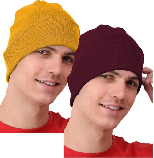 Buy THE BLAZZE Men Yellow_x000D_, Maroon Lycra Rib Skull Cap (Pack Of 2 ...