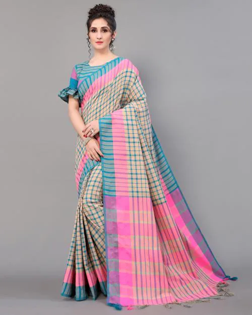 Buy Ruchika Fashion Green Cotton Blend Checks Saree With Blouse ...