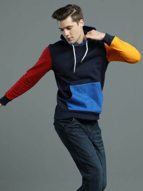 Buy Maniac Men's ColorBlock Hooded Neck Full Sleeve Navy, Blue Cotton ...
