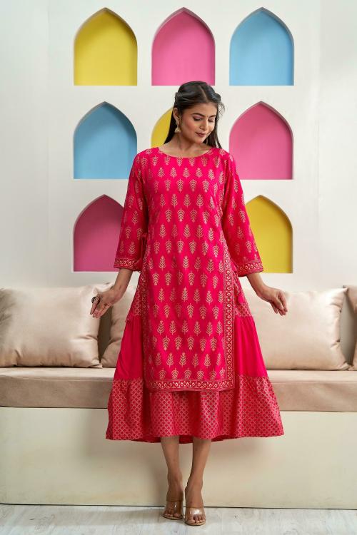 Buy Sa Rasa Women Pink Printed Viscose Rayon Flared Kurta Online at ...