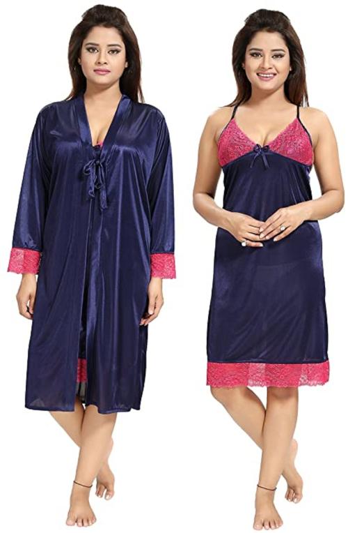 Buy Noty Women's/Girls Satin Nighty - 2 Pc- Nightslip with Robe (Navy ...