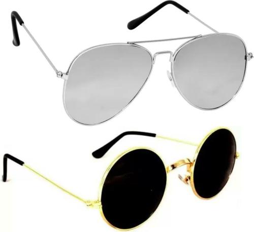 Buy RMKK Round Aviator Sunglasses (For Men & Women Silver Black) Online ...