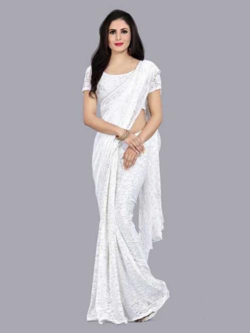 Buy Fashion Field Women White Self Design Net Saree with Unstitched ...