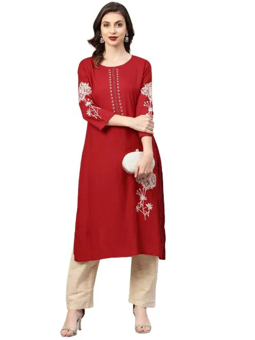 Buy CHHABRA 555 Women Red Embroidered Cotton Blend Kurta And Palazzo ...