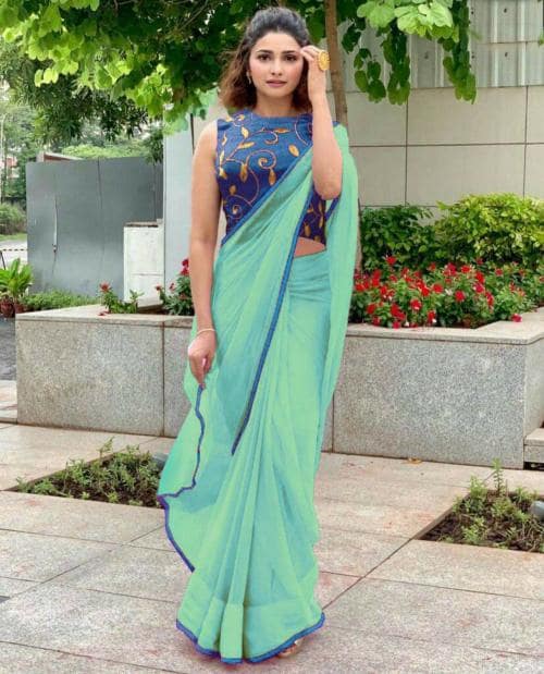 Buy Sareez House Women Light Blue Self Design Chiffon Bollywood Saree ...