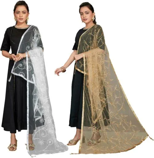 Buy Fabflick Women White Self Design Net Pack Of 2 Dupatta Online at ...
