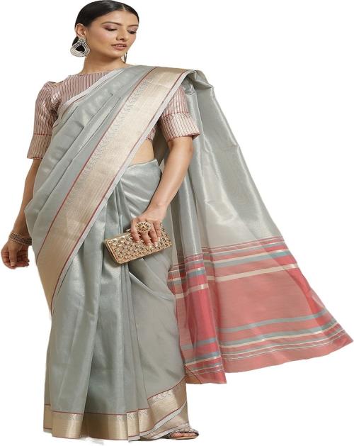 Buy KAVINDI Woven Banarasi Linen Saree (Blue) Online at Best Prices in ...
