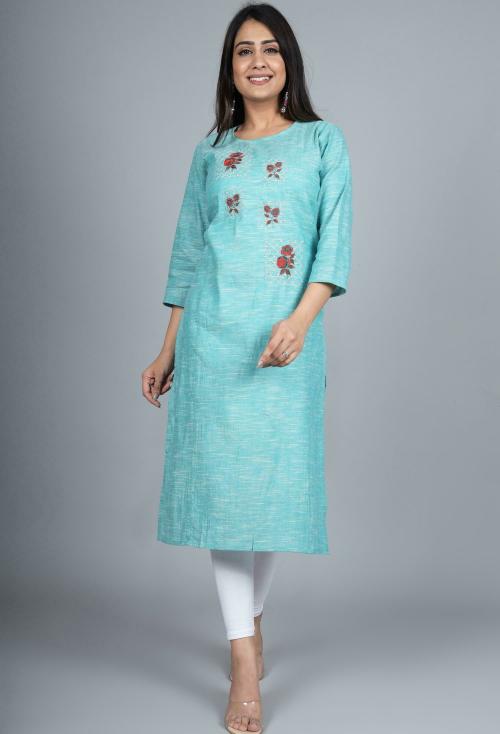 Buy Mehsoos Women Multicolor Embroidered Pure Cotton Straight Kurta ...