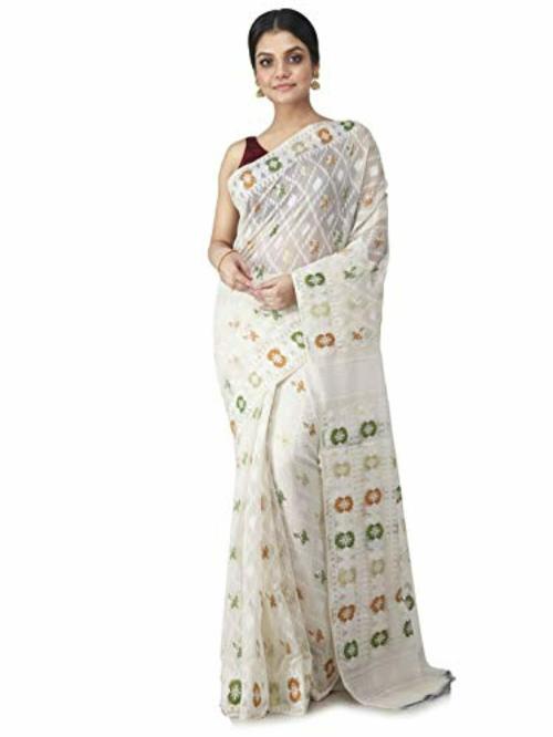 Buy PinkLoom Women White Pure Cotton Jamdani Saree Without Blouse Piece Online at Best Prices in ...