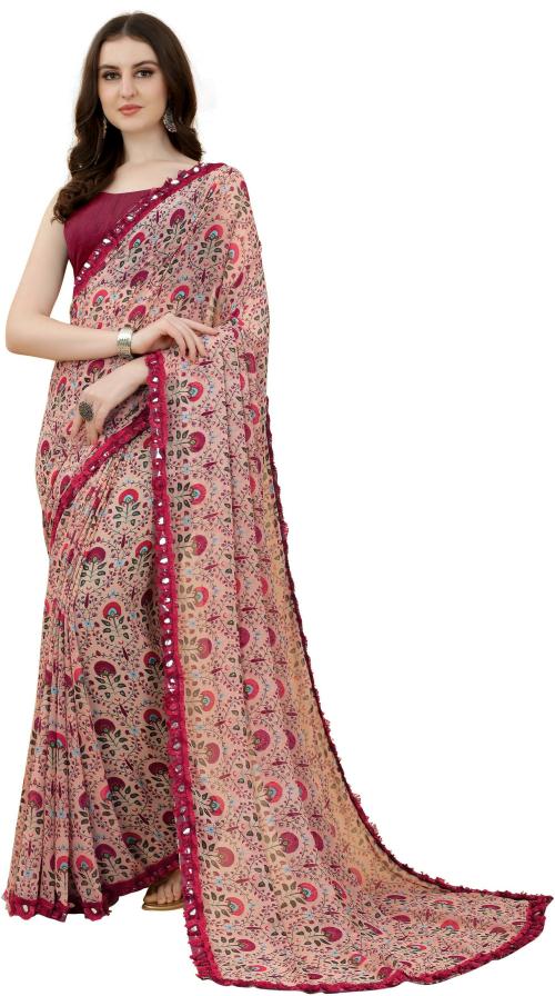 Buy Vedant Vastram Women Red Floral Print Georgette Bollywood Saree ...