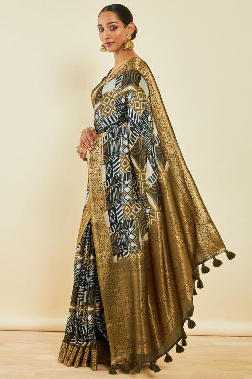 Buy Beige Crepe Saree With Geometric Print And Zari Woven Designs ...
