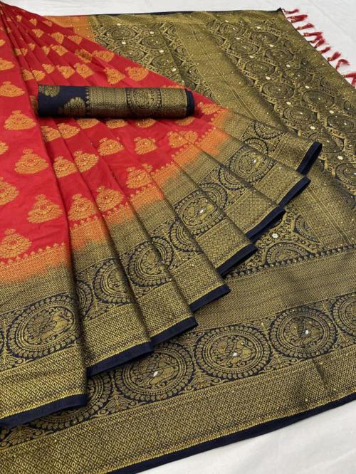 Buy Mansh the stylo..Women Red, Dark Blue Striped Jacquard Kanjivaram ...