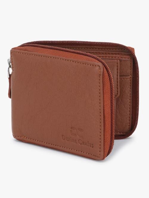 Buy DEZIRE CRAFTS Stylish Round Zip Bi-Fold, Textured PU Leather, Tan ...