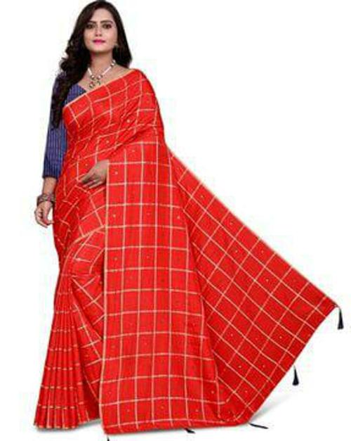 Buy Rajshree Women Red Silk Checked Traditional Saree with Tassels ...