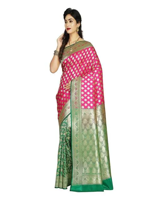 Buy Naeusa Designer Banarasi Contrast Satin Silk Saree Rani (Pink ...