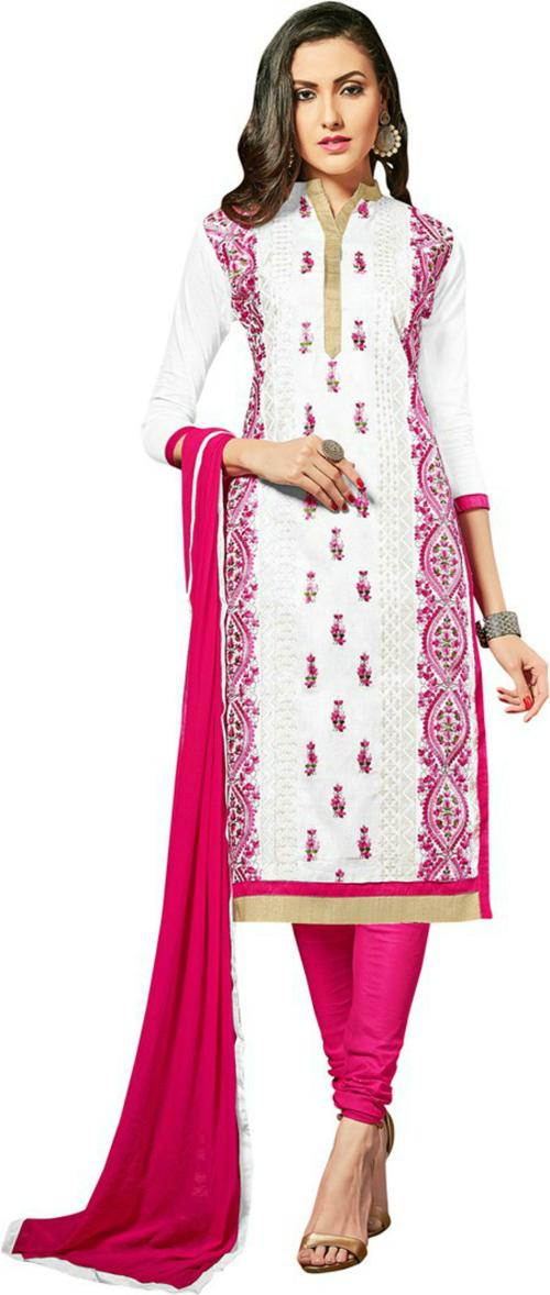 Buy Manvaa Women White Embroidered Cotton Blend Semi-Stitched Dress ...